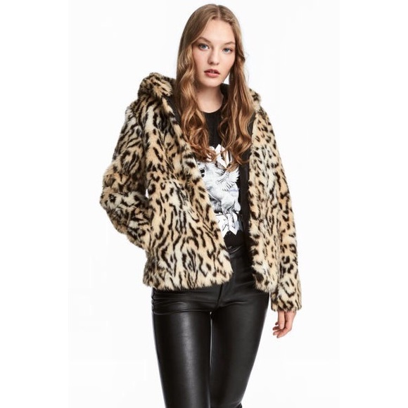 H&M | Jackets & Coats | Hm Animal Leopard Print Faux Fur Hooded Coat ...